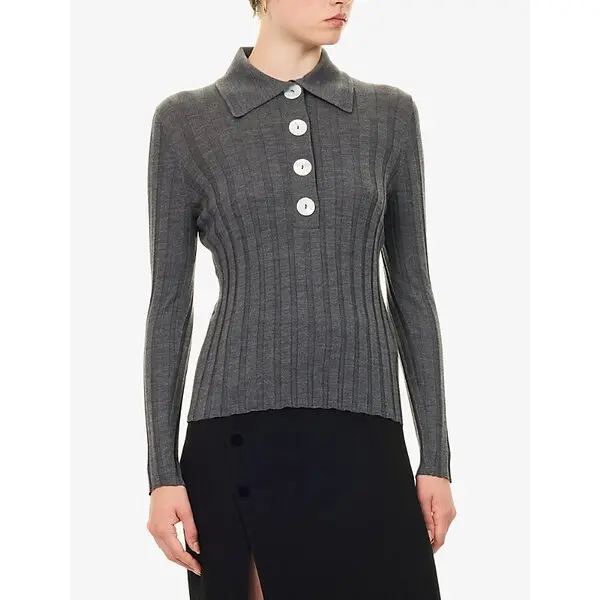 NACKIYE Long-sleeve Wool Polo Top