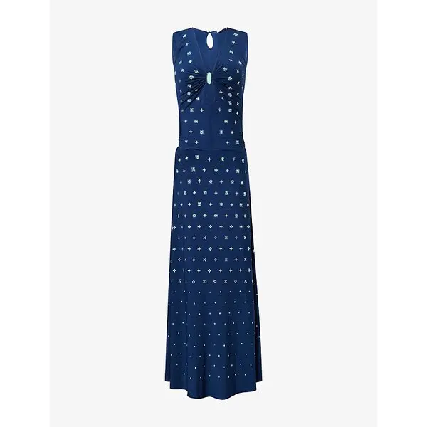 Rabanne Plunge-neck Bead-embellished Stretch-jersey Maxi Dress - Midnight Blue