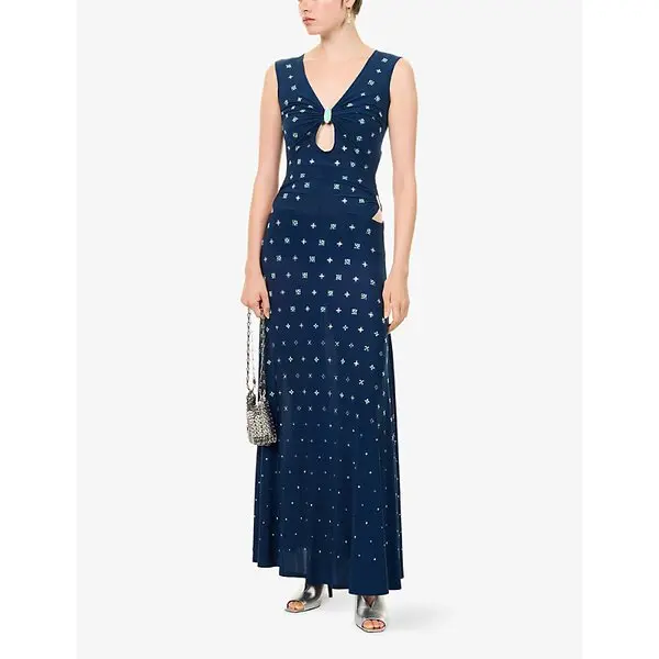 Rabanne Plunge-neck Bead-embellished Stretch-jersey Maxi Dress