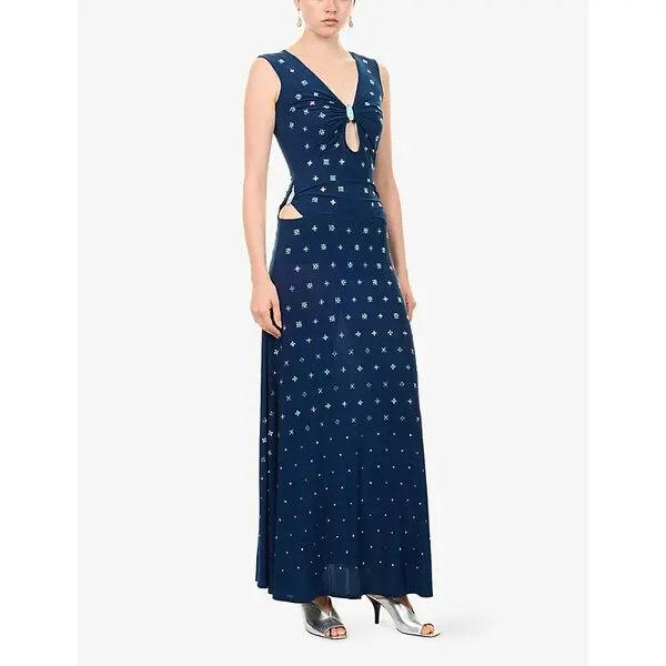 Rabanne Plunge-neck Bead-embellished Stretch-jersey Maxi Dress