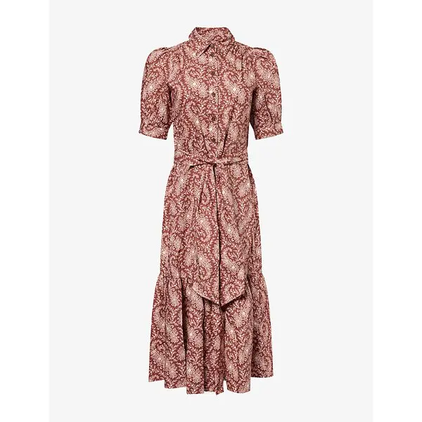 ME+EM Floral-pint Puffed-sleeve Cotton Midi Dress - Brown Multi