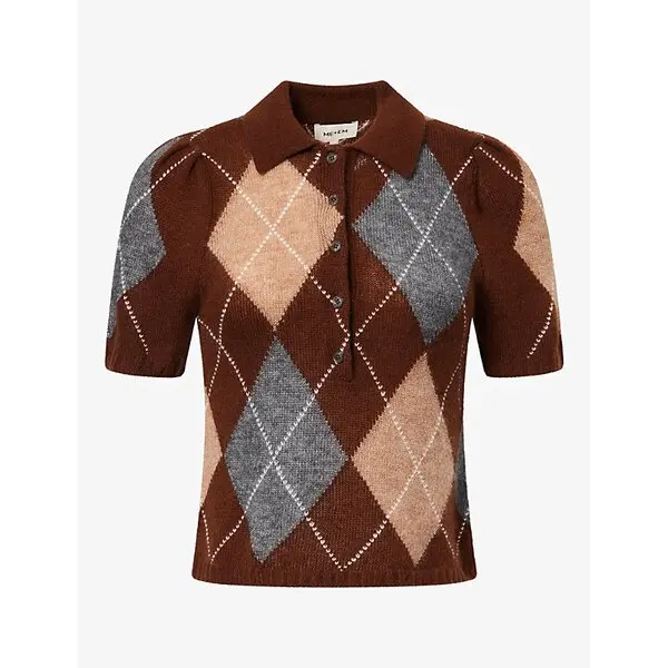 ME+EM Argyle-pattern Puff-sleeve Wool-blend Cardigan