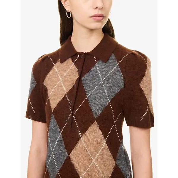 ME+EM Argyle-pattern Puff-sleeve Wool-blend Cardigan