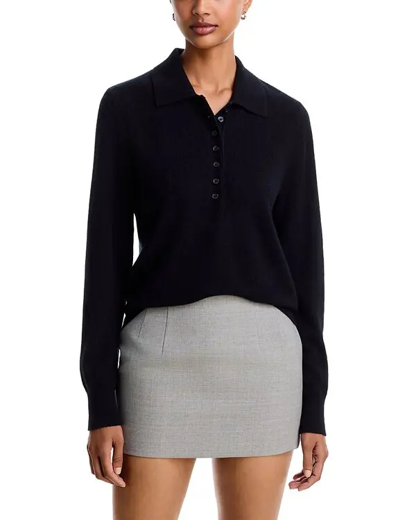 Aqua Cashmere Henley Polo Sweater - Black