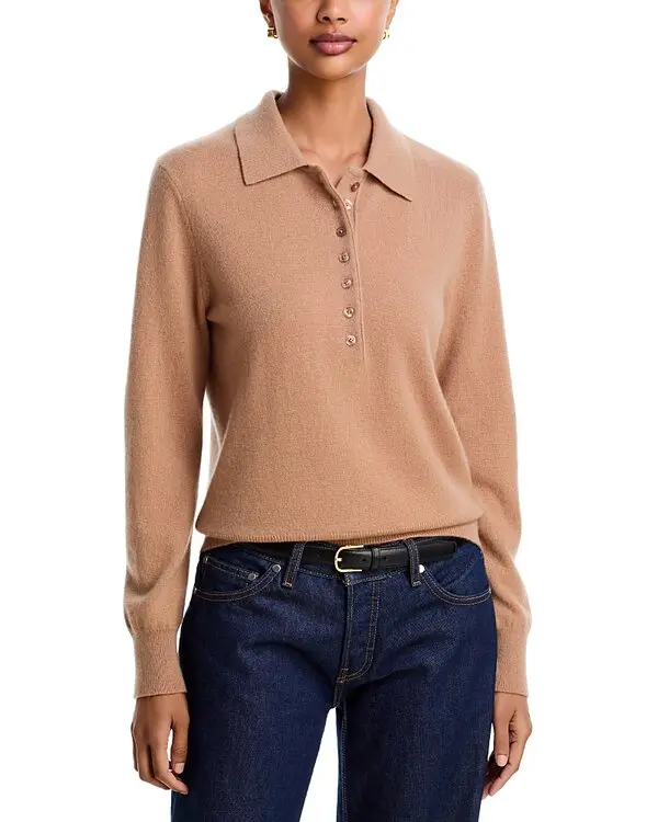 Aqua Cashmere Henley Polo Sweater - Camel