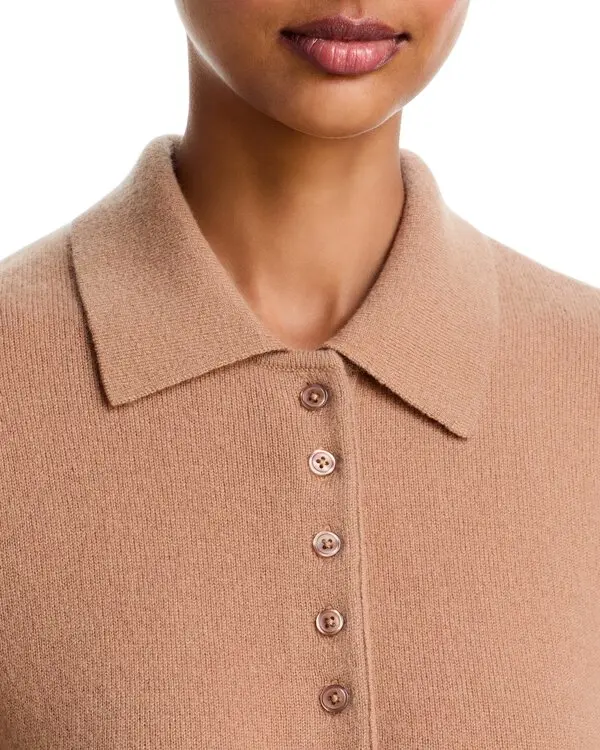 Aqua Cashmere Henley Polo Sweater - Camel