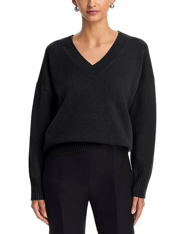 Aqua Cashmere V Neck Drop Shoulder Sweater - Black
