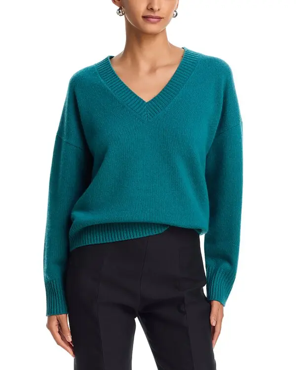 Aqua Cashmere V Neck Drop Shoulder Sweater Exclusive - Peacock