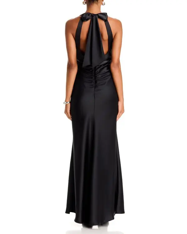 Aqua Satin V Neck Long Dress Exclusive