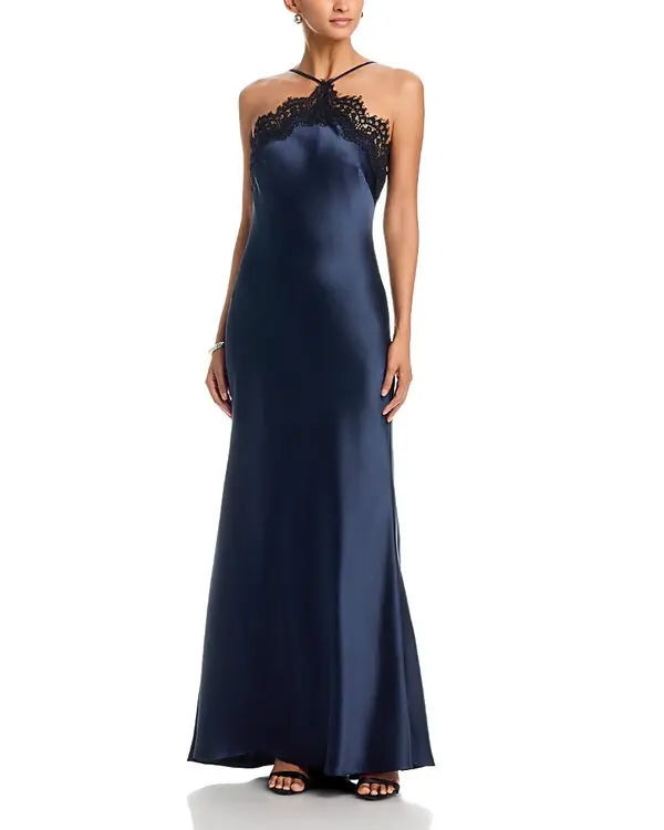 Aqua Long Satin Lace Trim Bias Gown Exclusive - Navy/black