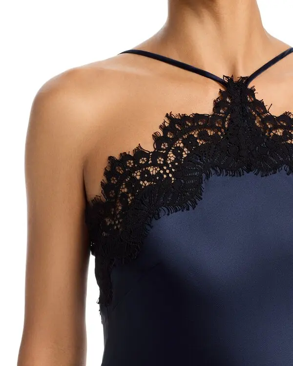 Aqua Long Satin Lace Trim Bias Gown Exclusive - Navy/black