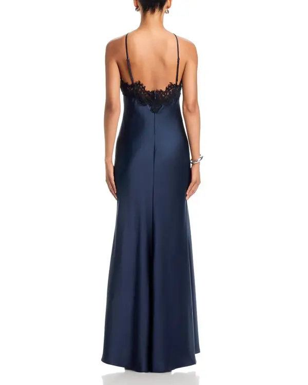 Aqua Long Satin Lace Trim Bias Gown Exclusive - Navy/black