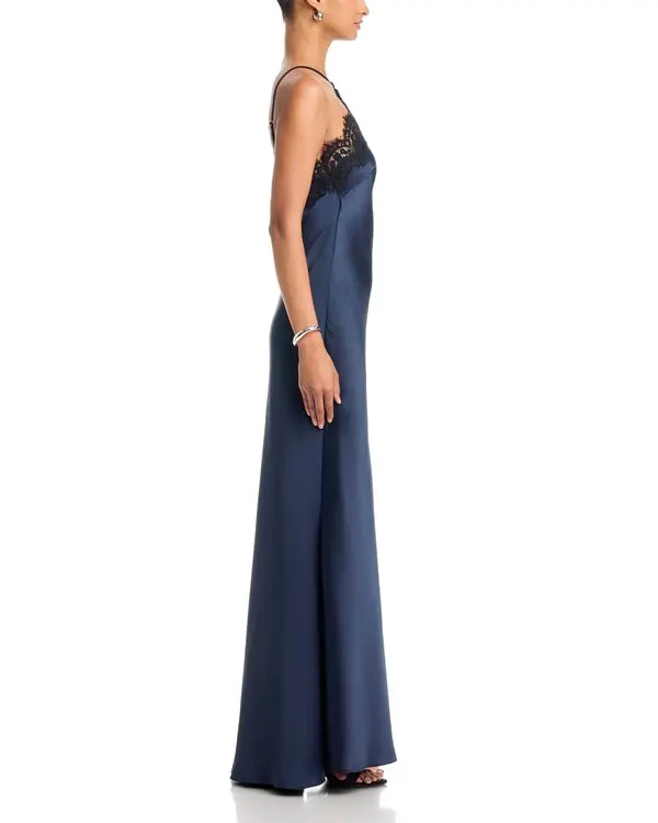 Aqua Long Satin Lace Trim Bias Gown Exclusive - Navy/black