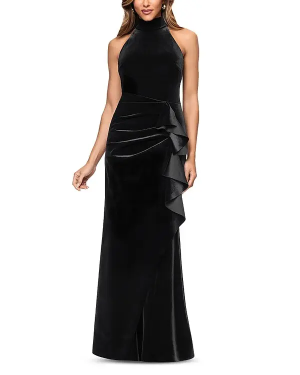 Aqua Stretch Velvet Mock Neck Gown