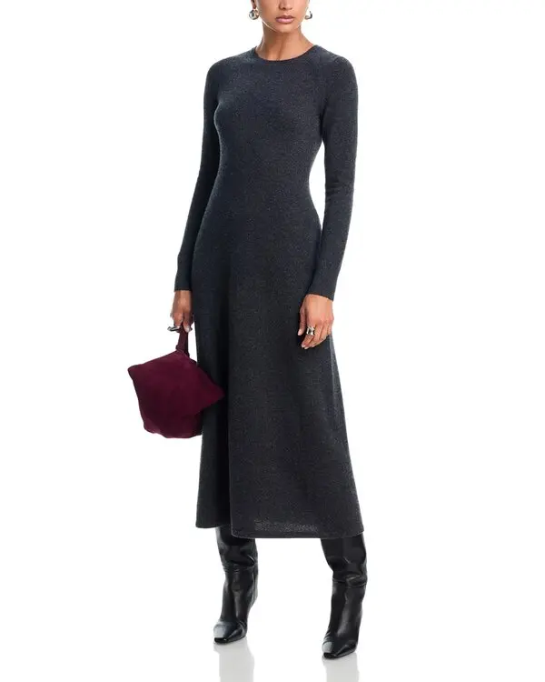 Aqua Cashmere Long Sleeve Midi Dress - Dark Grey