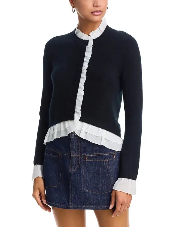 Aqua Cashmere 100% Cashmere Crewneck Cardigan Sweater Exclusive - Black
