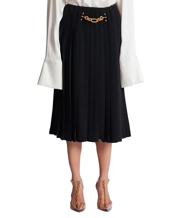 Balmain Pleated Silk Midi Skirt With Embellished Detail - Black