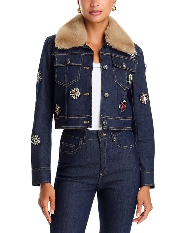 Cinq À Sept Lexie Baroque Patches Faux Fur Collar Denim Jacket - Indigo Multi