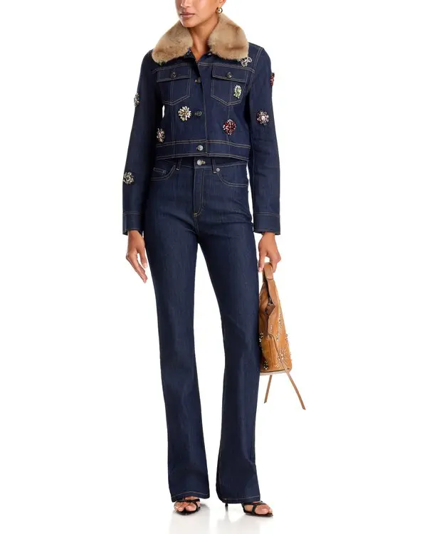 Cinq À Sept Lexie Baroque Patches Faux Fur Collar Denim Jacket