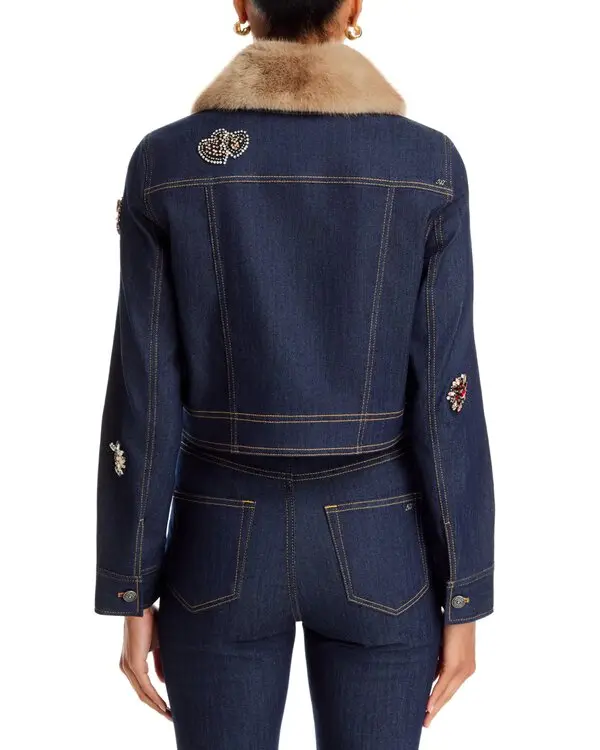 Cinq À Sept Lexie Baroque Patches Faux Fur Collar Denim Jacket