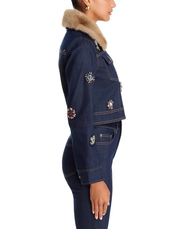 Cinq À Sept Lexie Baroque Patches Faux Fur Collar Denim Jacket