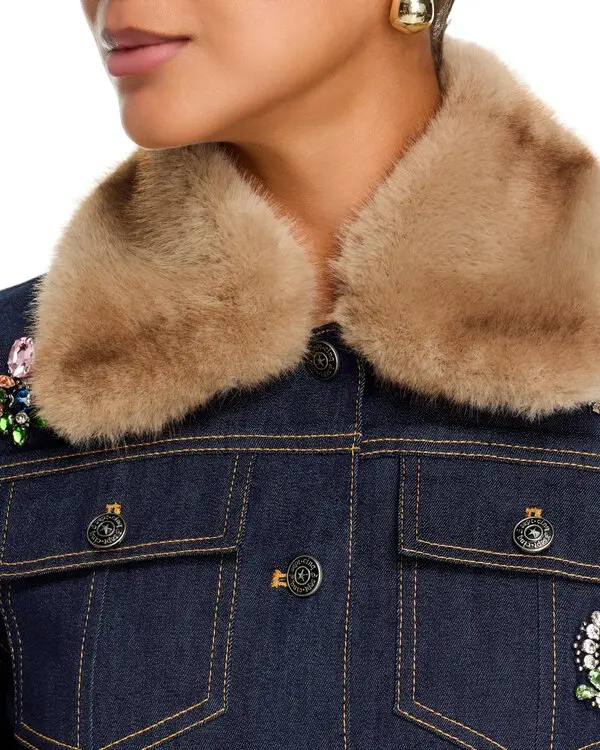 Cinq À Sept Lexie Baroque Patches Faux Fur Collar Denim Jacket