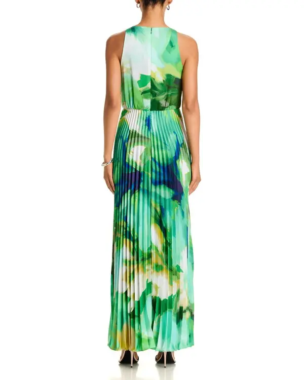 Aqua Printed Surplice Neck Pleated Gown Exclusive