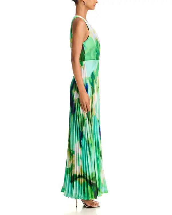 Aqua Printed Surplice Neck Pleated Gown Exclusive