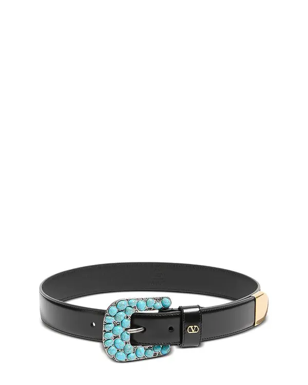 Valentino Garavani Stone Embellished Buckle Leather Belt