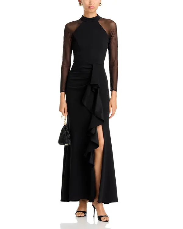 Aqua Mock Neck Mesh Sleeve Gown Exclusive