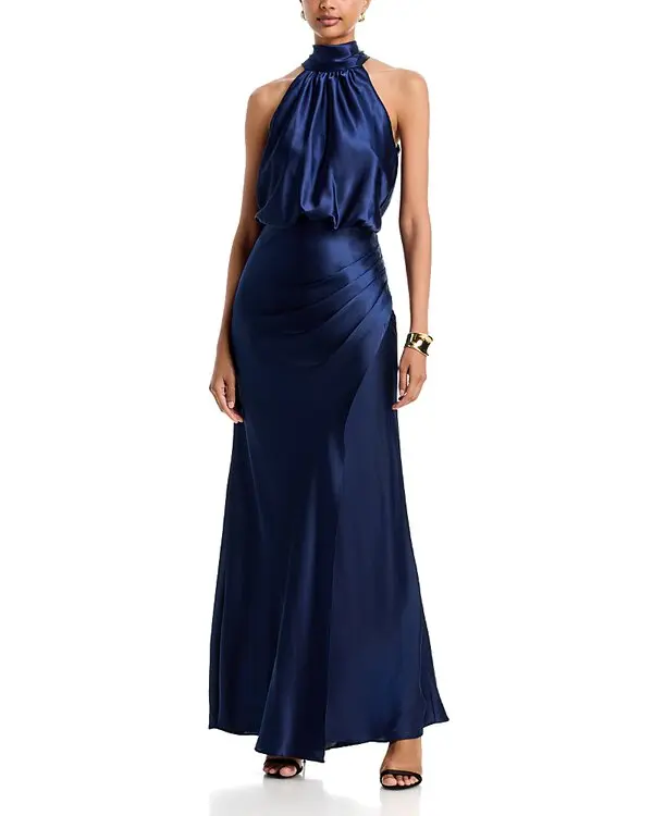 Aqua Long Charmeuse Tie Neck Dress Exclusive