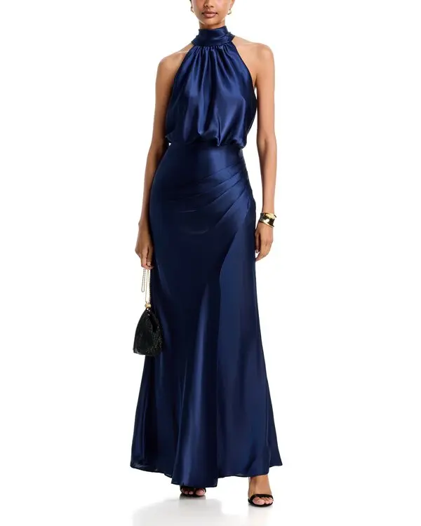 Aqua Long Charmeuse Tie Neck Dress Exclusive