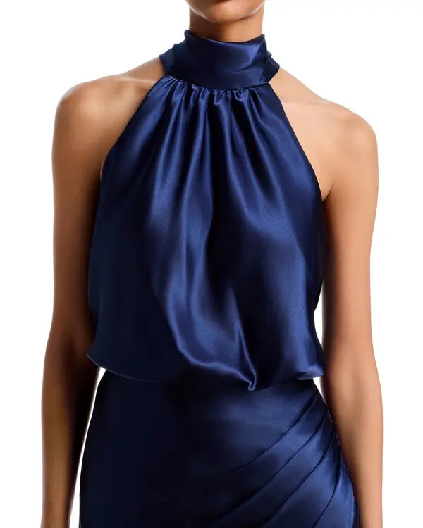 Aqua Long Charmeuse Tie Neck Dress Exclusive