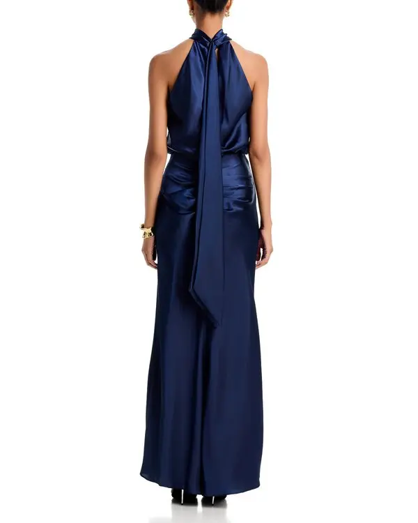 Aqua Long Charmeuse Tie Neck Dress Exclusive