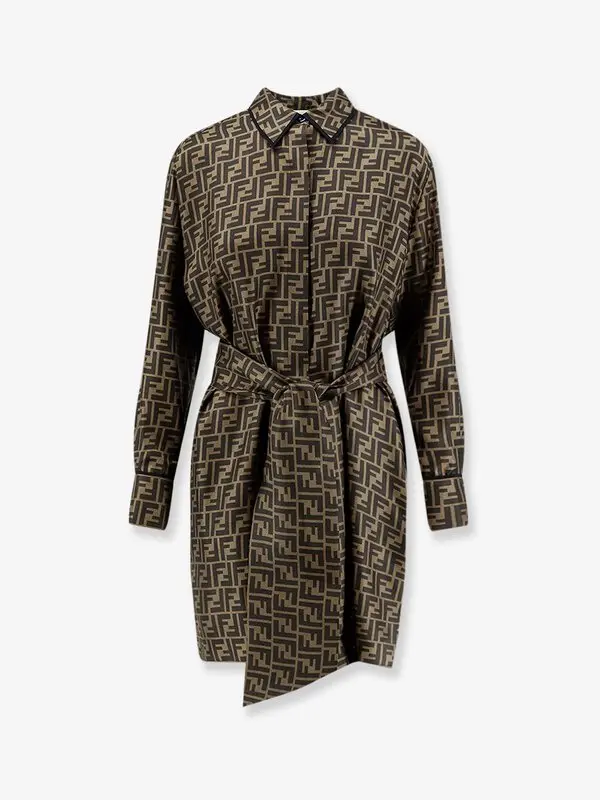 Fendi Silk Dress With Allover Ff Motif - Brown