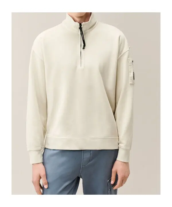 C.P. COMPANY Brushed And Emerized Diagonal Fleece Mixed Boxy Lens Half Zip Sweatshirt - Silver Birch