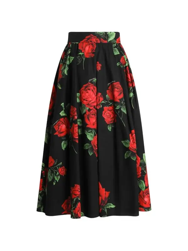 Dolce & Gabbana Rose-print Poplin Pleated Skirt