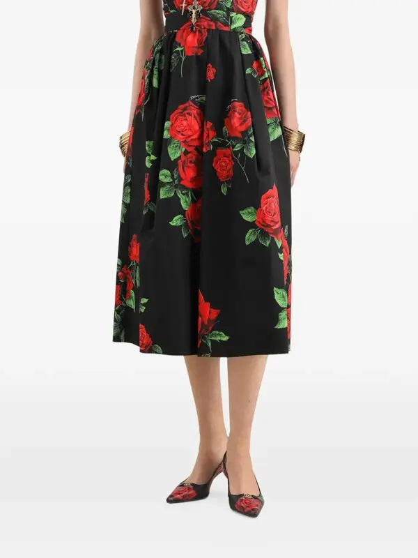 Dolce & Gabbana Rose-print Poplin Pleated Skirt