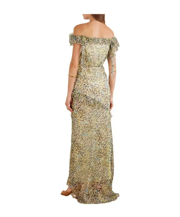 Saloni Nina Off-the-shoulder Ruffled Printed Silk Gown