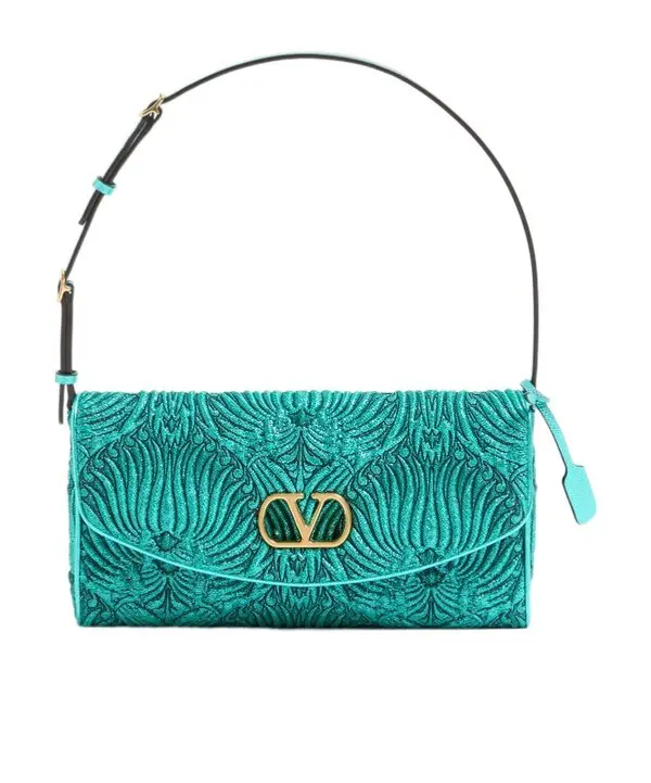 Valentino Garavani Devain Small Shoulder Bag In Jacquard Cloqué Lurex Fabric - Petroleum