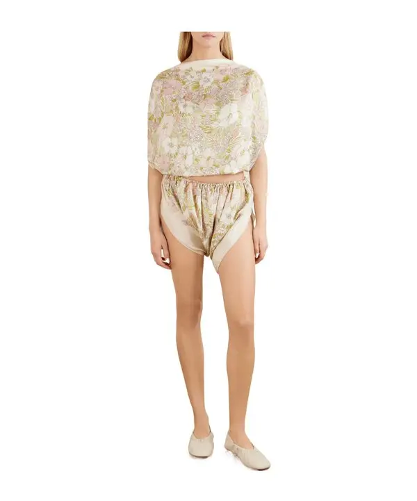 Calvin Klein Ruched Floral-print Silk Mini Shorts