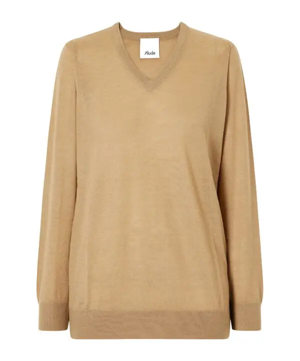 ALLUDE Ribbed-trimmed V-neck Cashmere Sweater