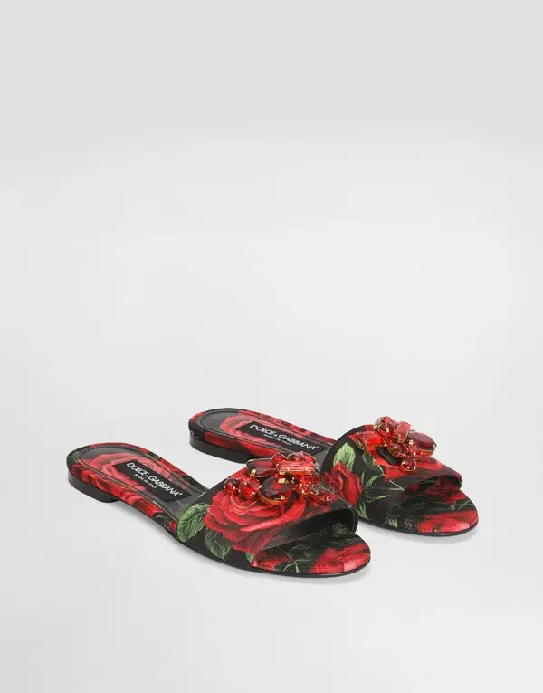 Dolce & Gabbana Rose-print Brocade Flat Slides - Multicolor