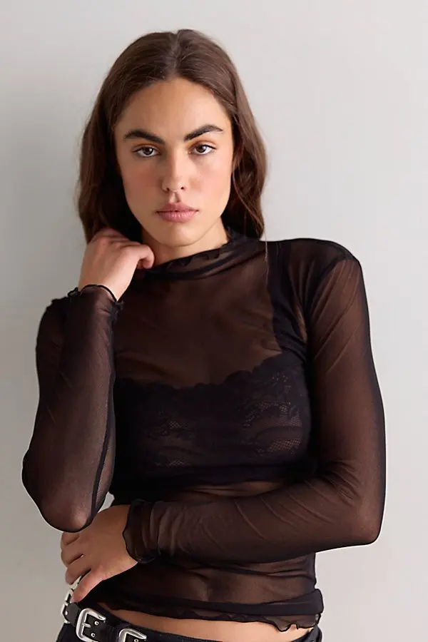 Only Hearts Tulle Purled Mock Neck Top - Black