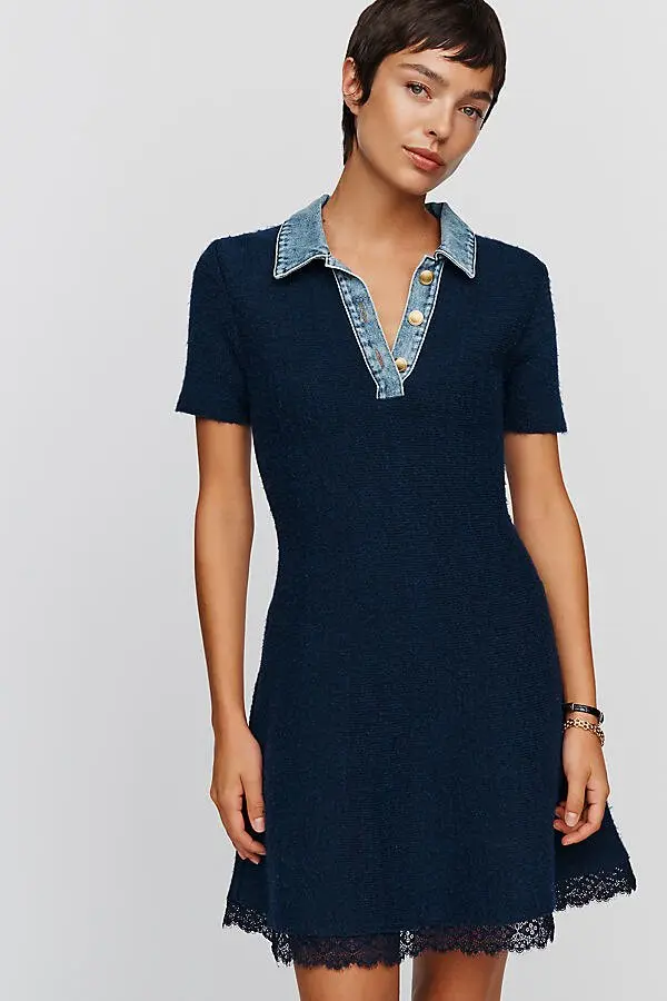 Maeve Knit Denim And Lace Mini Dress