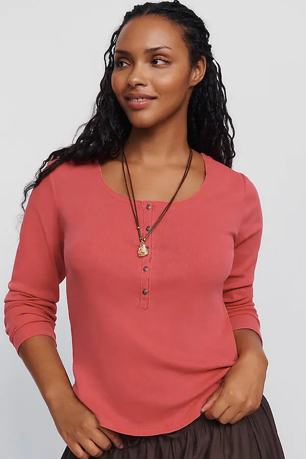 PILCRO Ribbed V-neck Henley Long Sleeve T-shirt - Red
