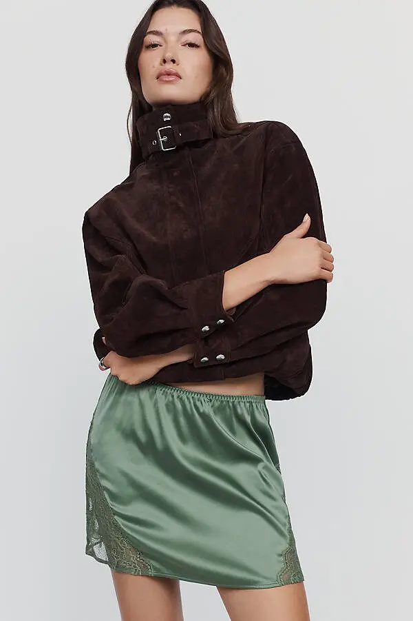 LYREBIRD Lace-trim Satin Slip Mini Skirt - Olive