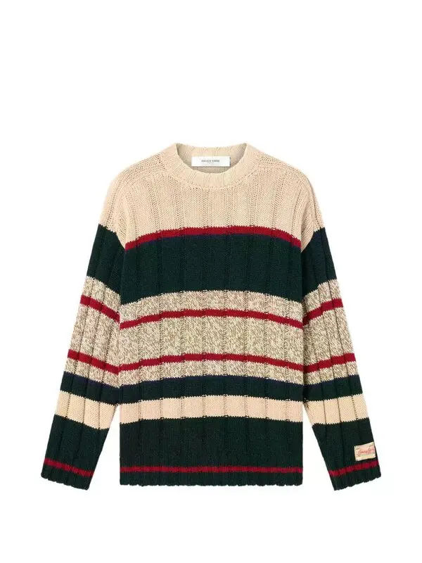 GOLDEN GOOSE Journey Knit Crewneck Reynard Raglan Sleeves Mouliné Wool Stripes Sweater - Green