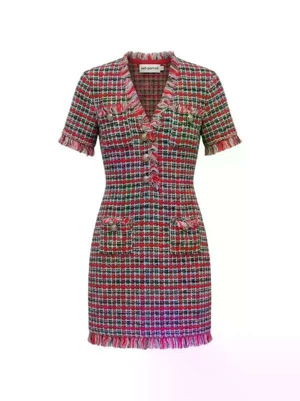 SELF-PORTRAIT Check Frayed Knit Mini Dress