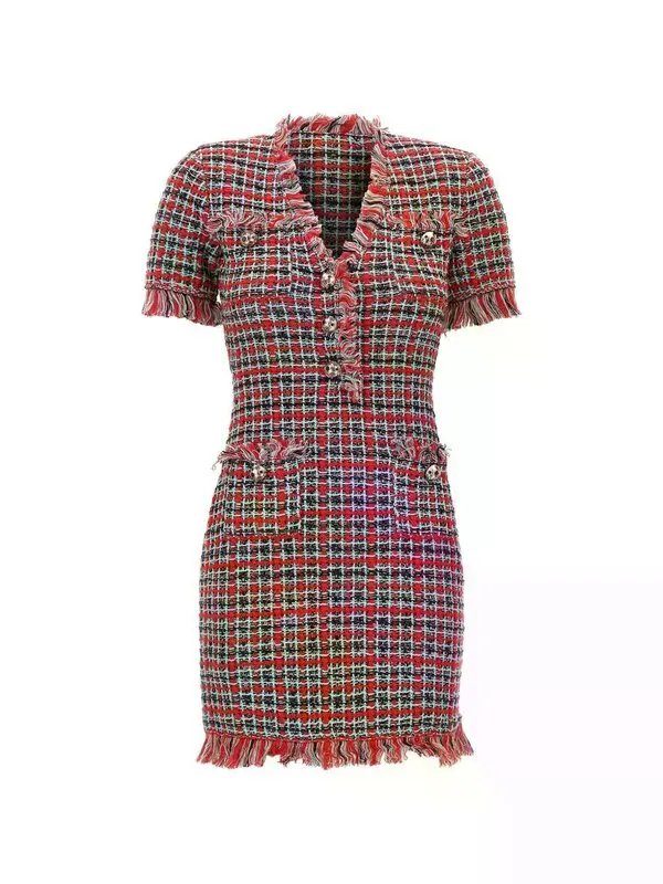 SELF-PORTRAIT Check Frayed Knit Mini Dress - Red